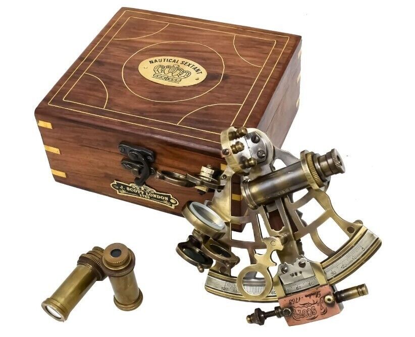 J.SCOTT Sextant Nautical Antique Brass Astrolabe Working Marine Vintage Box Gift - Sextants