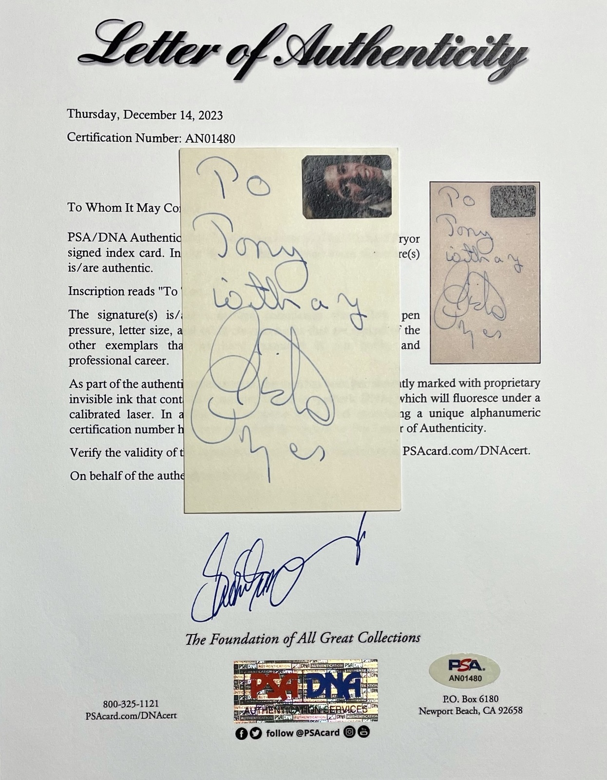 RICHARD PRYOR Signed Autographed 3" x 5" INDEX CARD PSA/DNA CERTIFIED ...