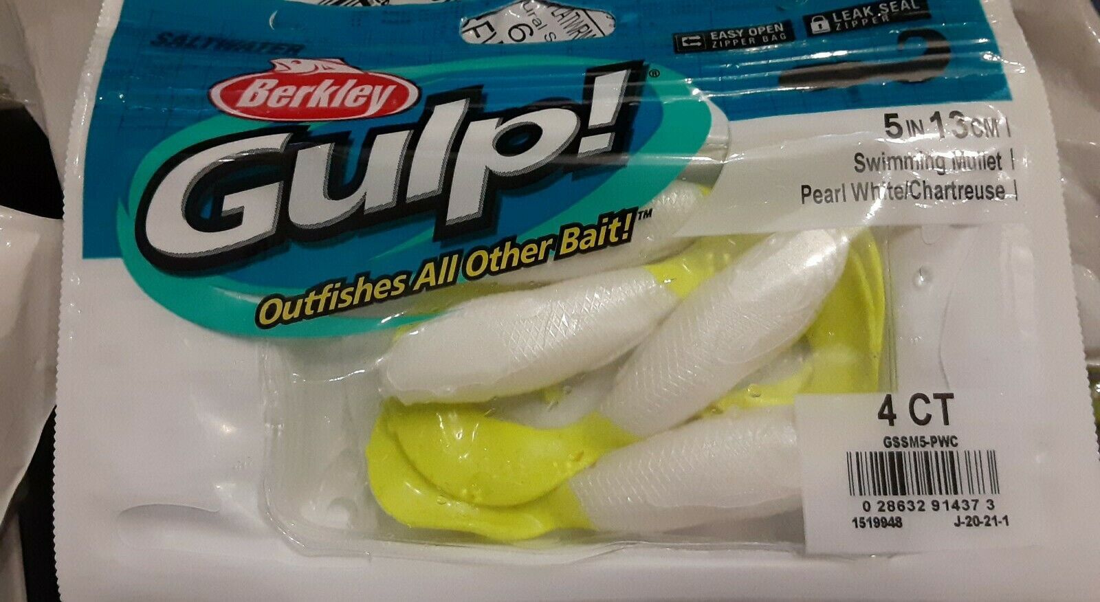 Berkley Gulp! Saltwater Swimming Mullet Soft Bait pearl white chartreuse 4 count - Baits & Lures