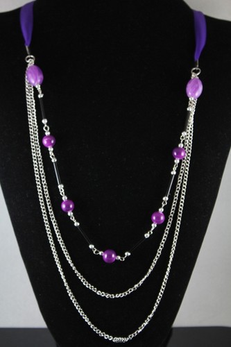 NEW!!! Purple Beaded Chain 3 row Silk Ribbon Handcrafted Necklace ...