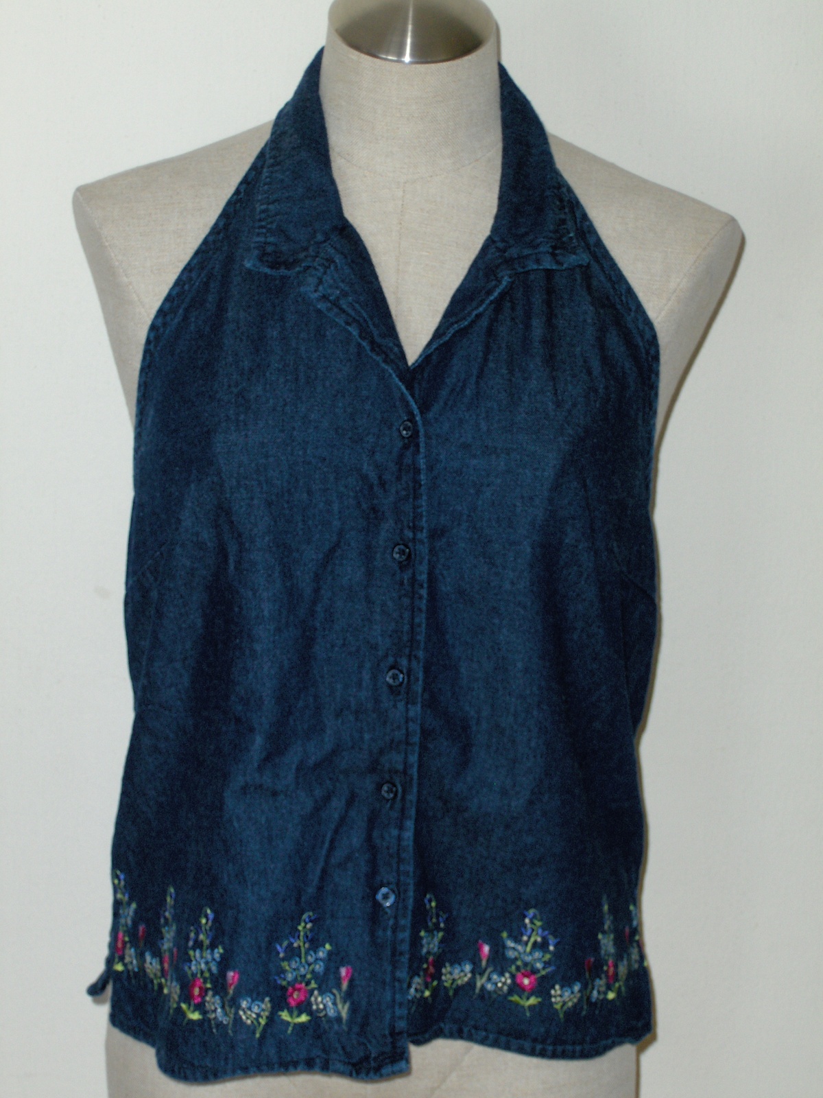 Womens Blue Jean Halter Top Size Small to Medium Embellished Flowers ...