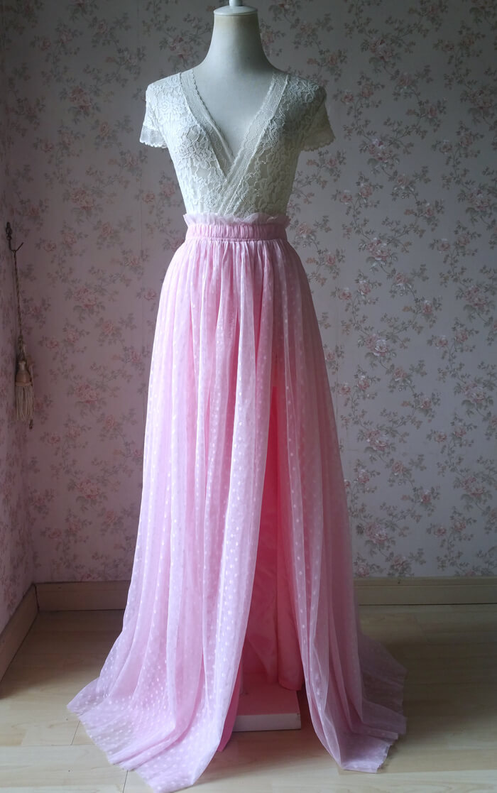 Pink Maxi High Split Tulle Skirt Pink Polka Dot One Side Split Tulle ...