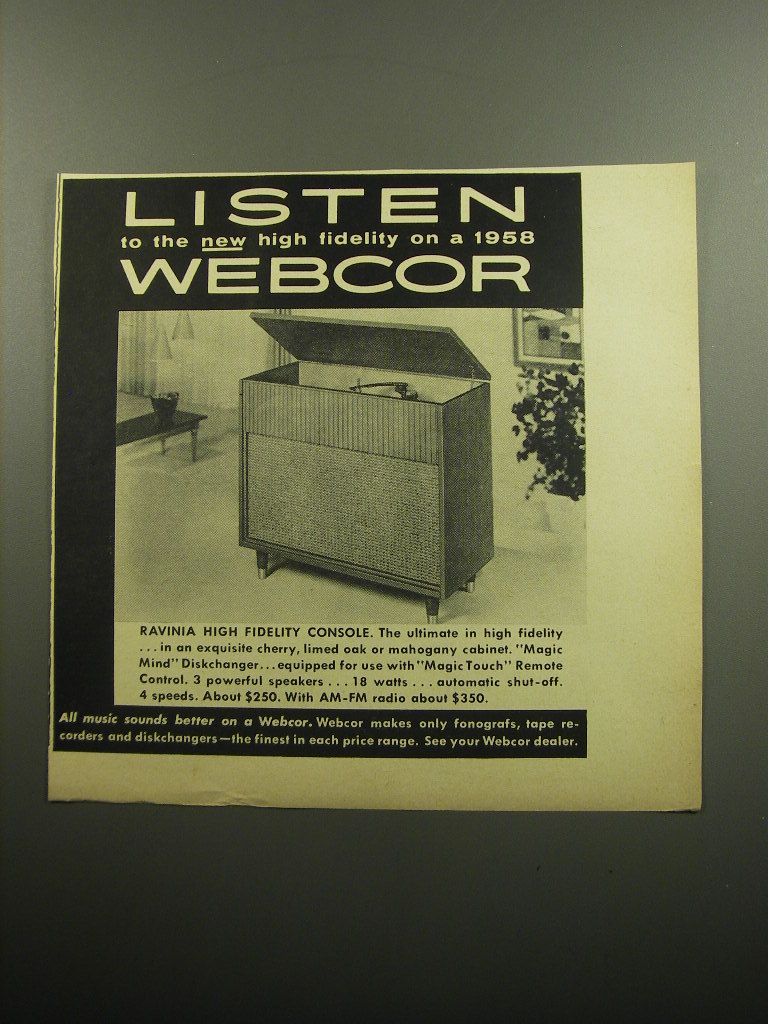 1957 Webcor Ravina High Fidelity Console Ad - Listen to the new high ...