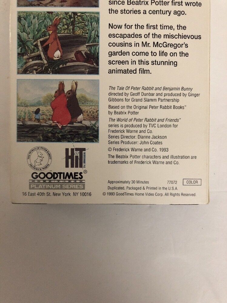 The Tale of Peter Rabbit & Benjamin Bunny(VHS, 1993)TESTED-RARE VINTAGE ...