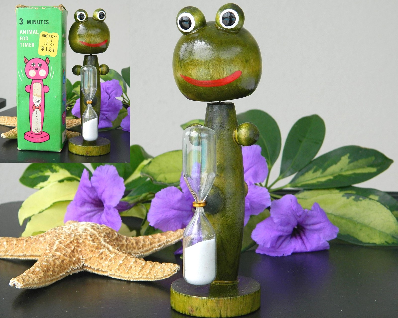 Vintage Frog 3 Minute Egg Timer Sand Wood Animal Nodding Head In Box ...