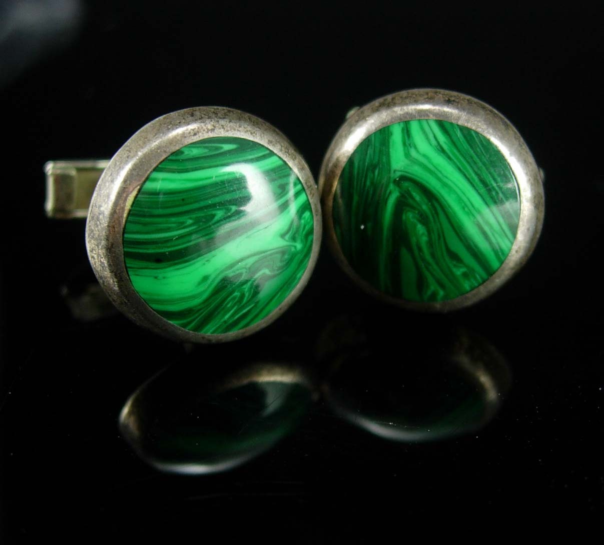 Large Malachite Cufflinks Sterling Vintage Signed Silver Native ...