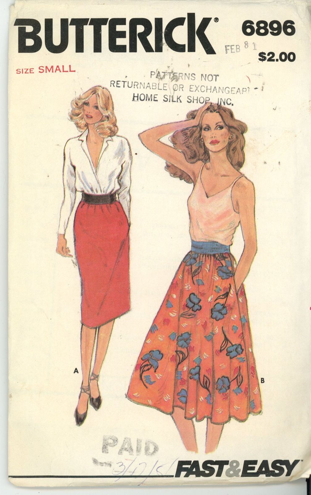 Butterick 6896 Misses Skirt Fast and Easy 2 Styles Retro Size Small 8 ...