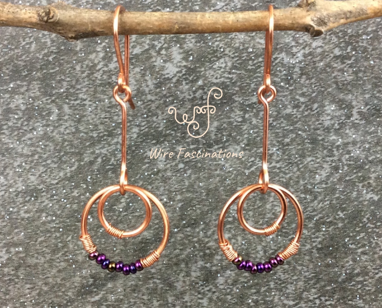 Handmade copper earrings: dangling small hoops with metallic purple ...