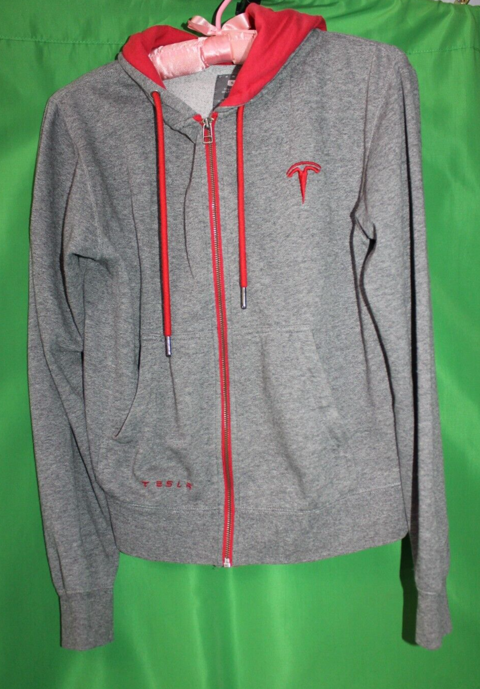Tesla Car Branded Gray Zip Hooded Jacket With Red Logo And Outline ...
