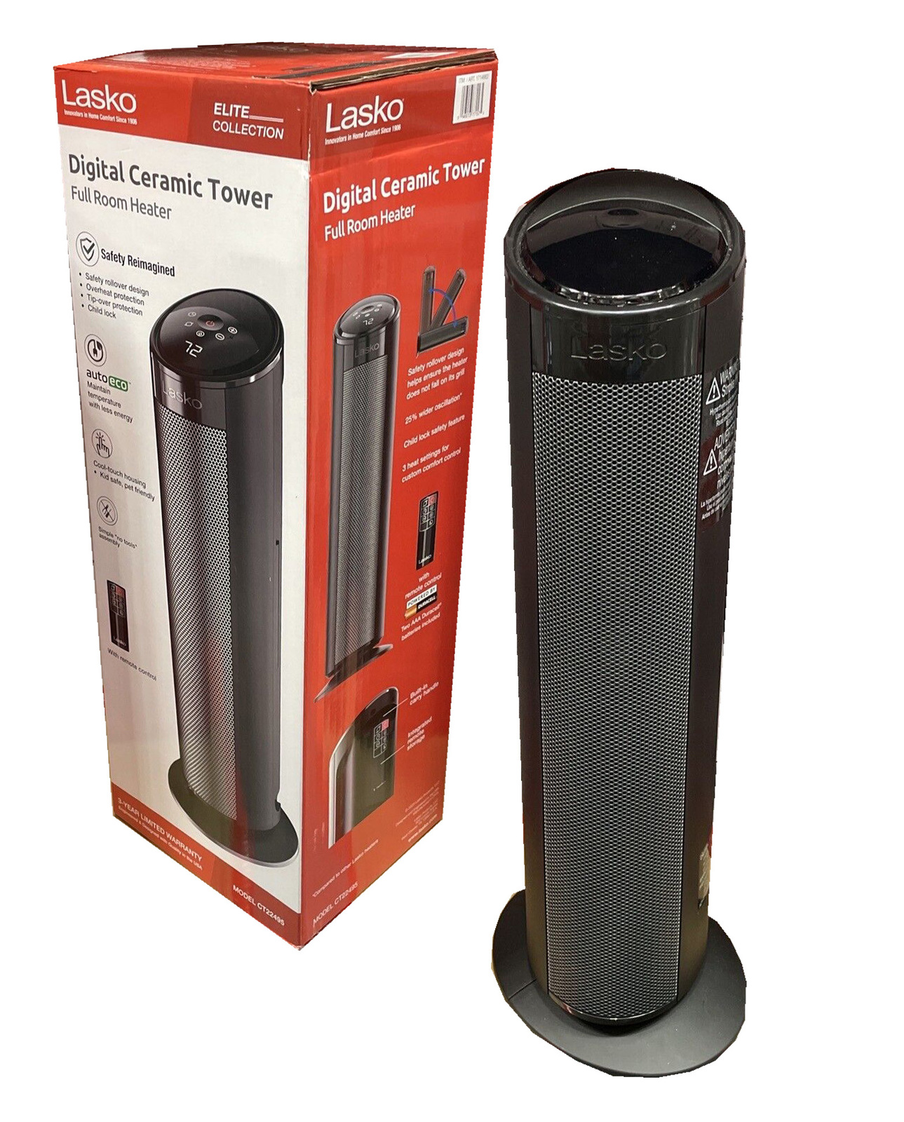 NEW Lasko 22 inch Ceramic Tower Heater 3 Speed CT22495 Auto Eco with Remote - Space Heaters
