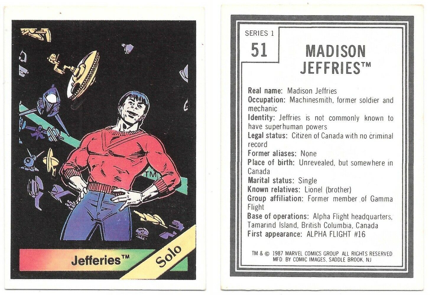Marvel Universe Series 1 Trading Card #51 Jeffries 1987 Comic Images ...