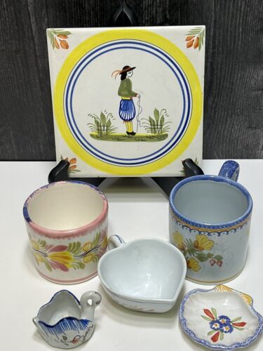 Lot 6 Different Pieces of Henriot Quimper Pottery Cup Tile Salt Creamer ...