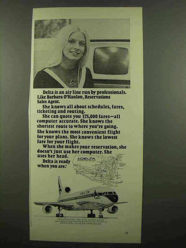 1974 Delta Airlines Ad - Barbara O'Hanlon, Reservations - 1970-79