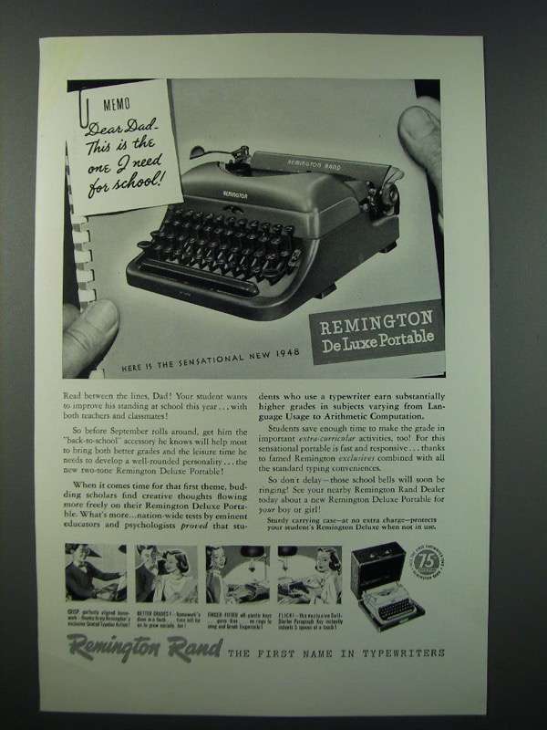 1948 Remington Rand Deluxe Portable Ad - Dear Dad - 1940-49