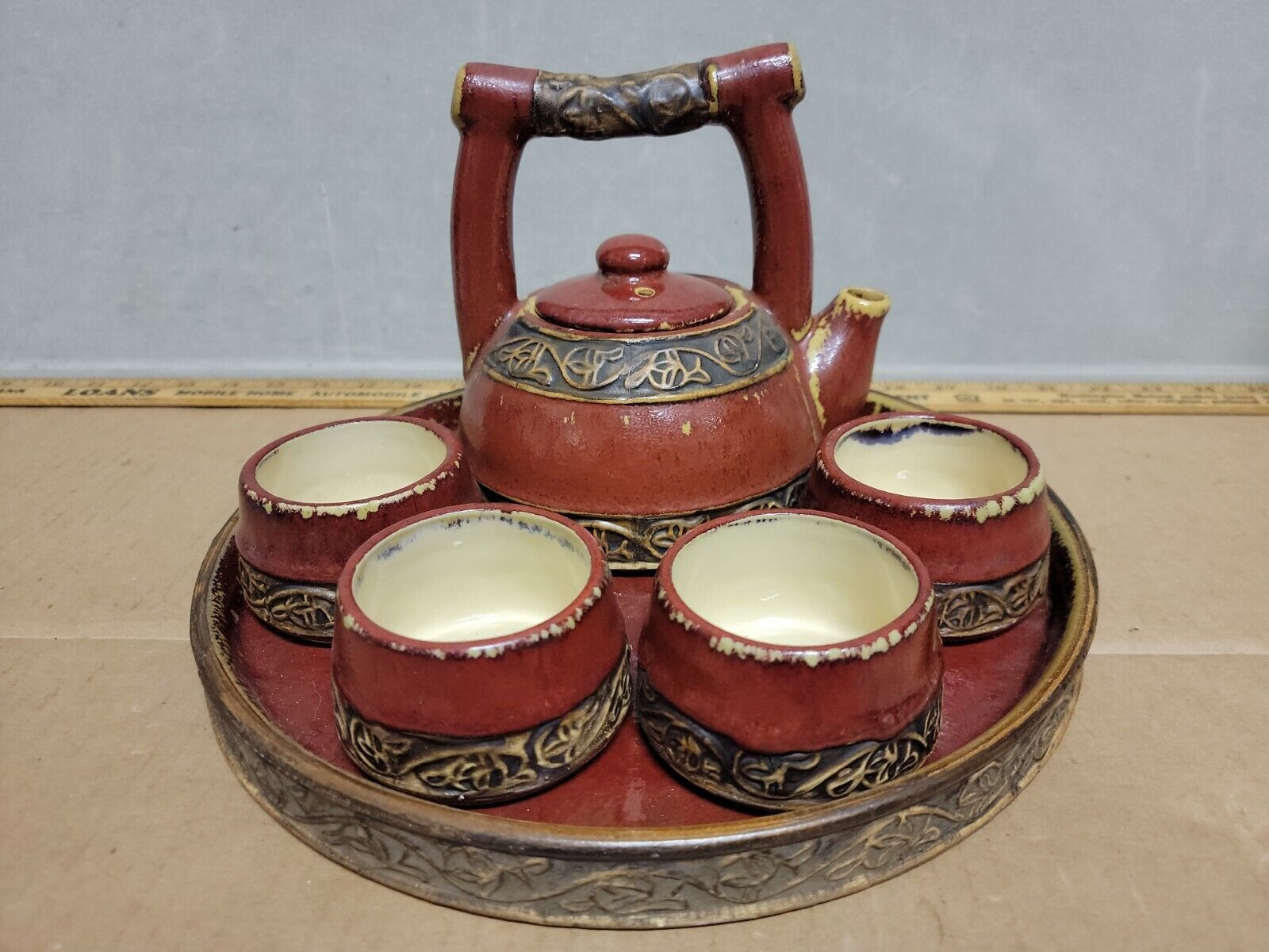Pier 1 Shanghai Tea Pot Set With 4 Cups And Tray Rustic Red Asian ...