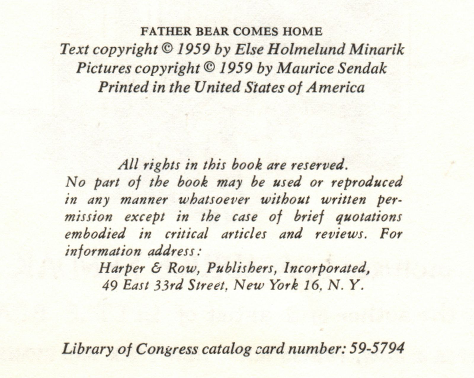 1959 Father Bear Comes Home Else Holmelund Minarik Sendak I Can Read HC ...