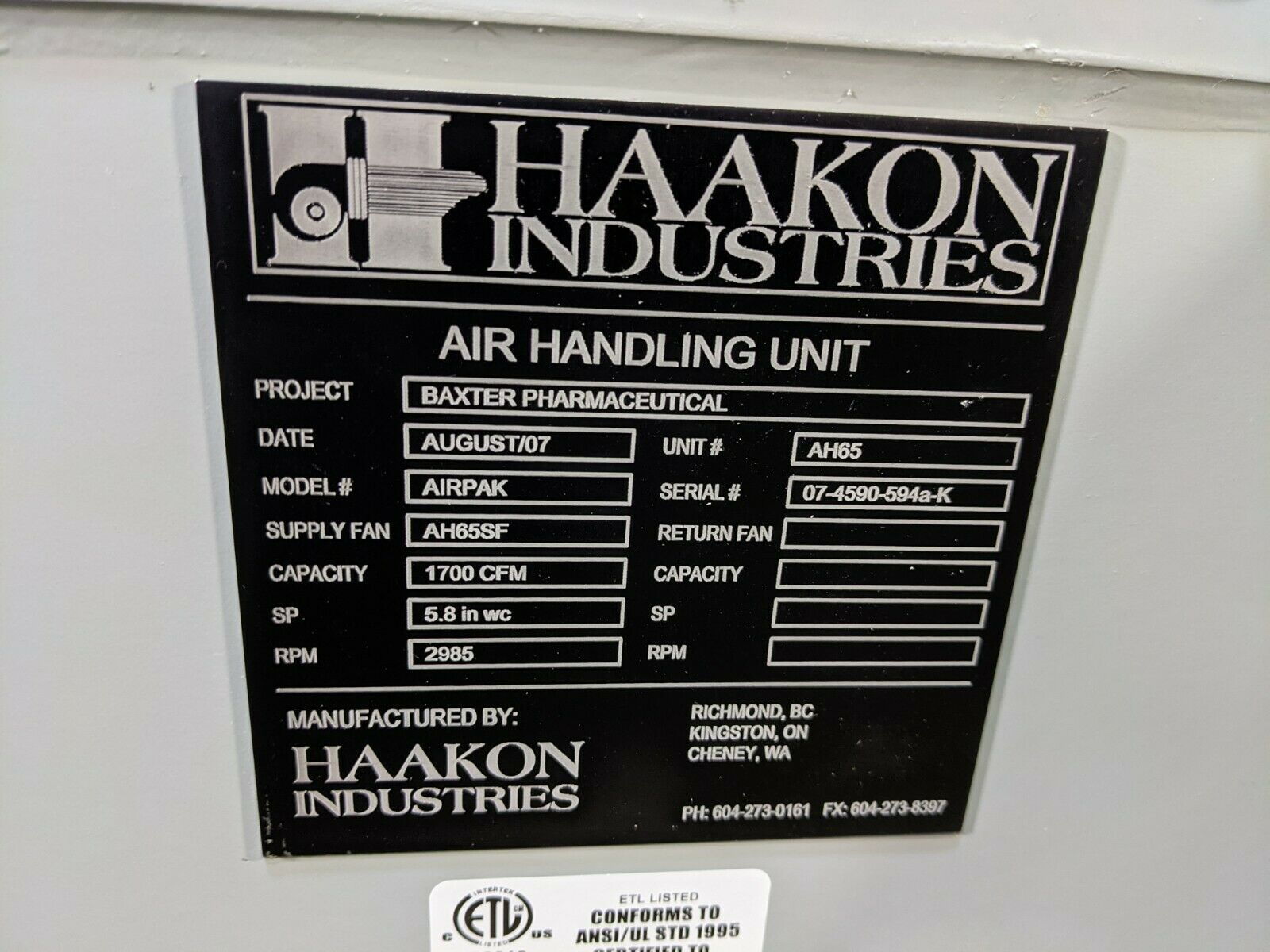 Haakon Industries AirPAK Air Handling Unit AH65 / Filter Heating ...