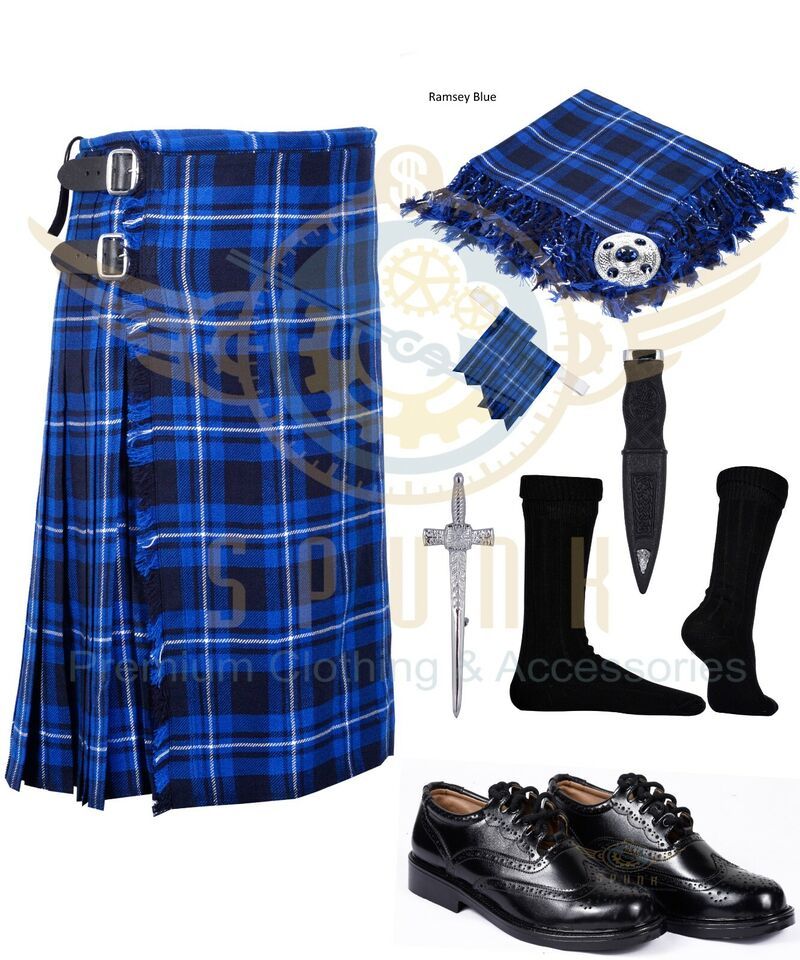 8 Yard Kilt Highland Scottish Kilt Set - Ramsey Blue Tartan kilt ...