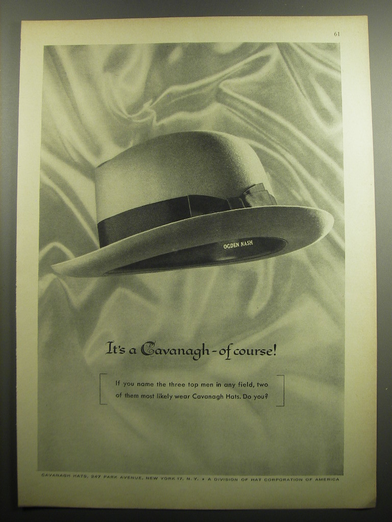 1957 Cavanagh Hats Advertisement - Ogden Nash - 1980-89