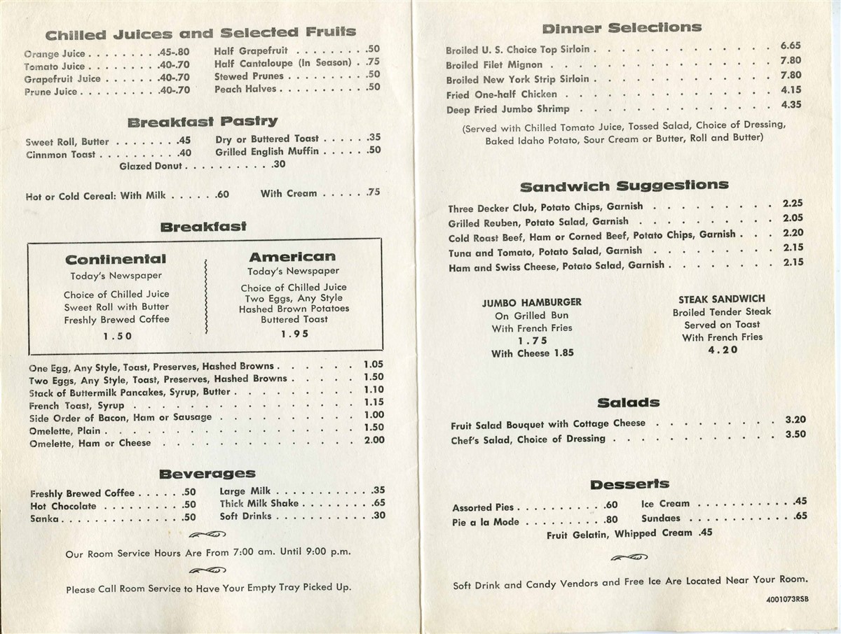 Holiday Inn Room Service Menu 1973 - Menus