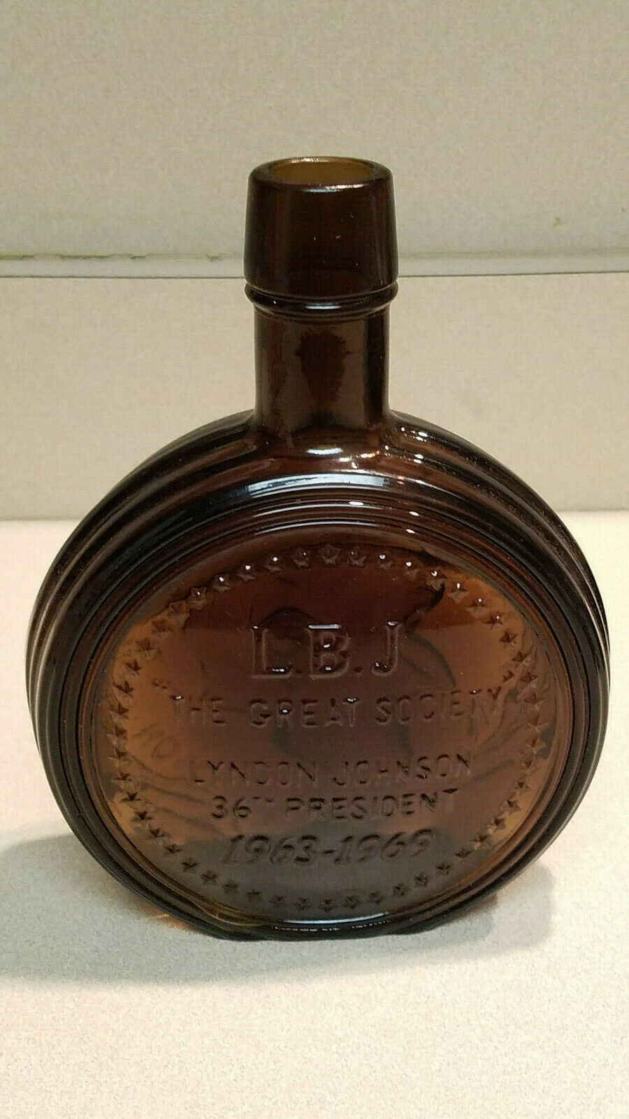 VTG WHEATON GLASS COMPANY GREEN IRIDESCENT LYNDON BAINES JOHNSON BOTTLE ...