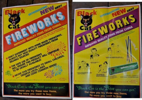 2 RARE Vintage Li & Fung BLACK CAT Firecrackers POSTER 17x23" fireworks ...