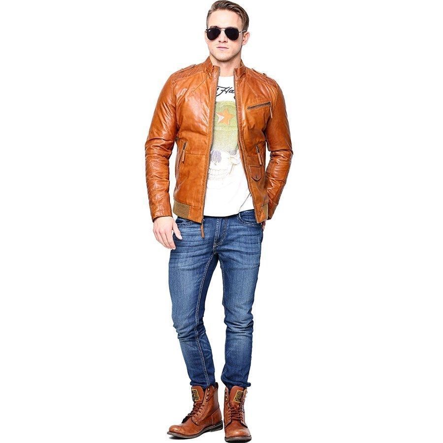 Handmade Men's Real Lambskin Tan Leather Motorcycle Slim fit Biker Bomber Jacket - Men's Clothing