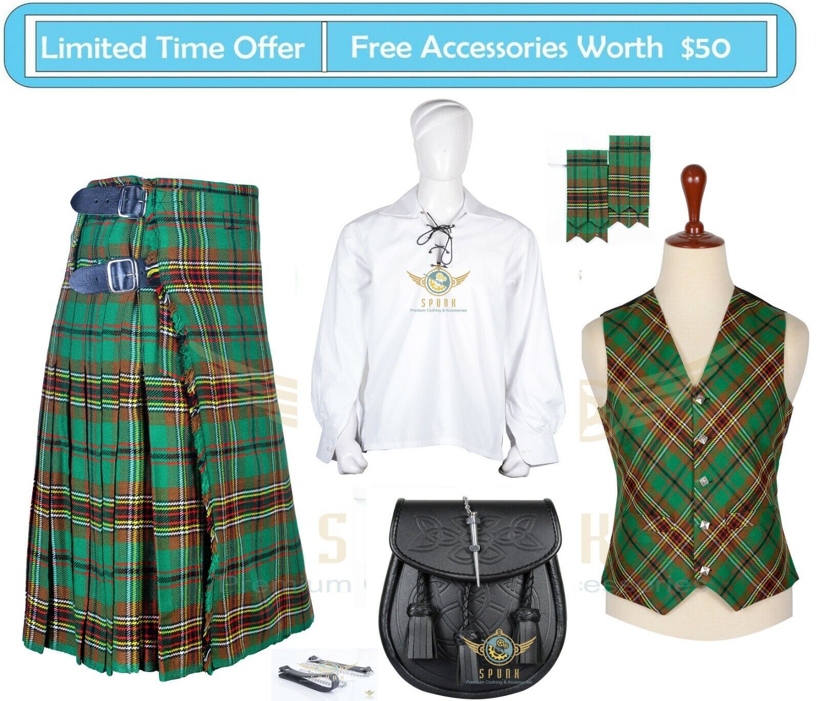 Scottish Traditional Handmade Men's Tara Murphy Tartan 8 Yard KILT & Accessories - Scotland