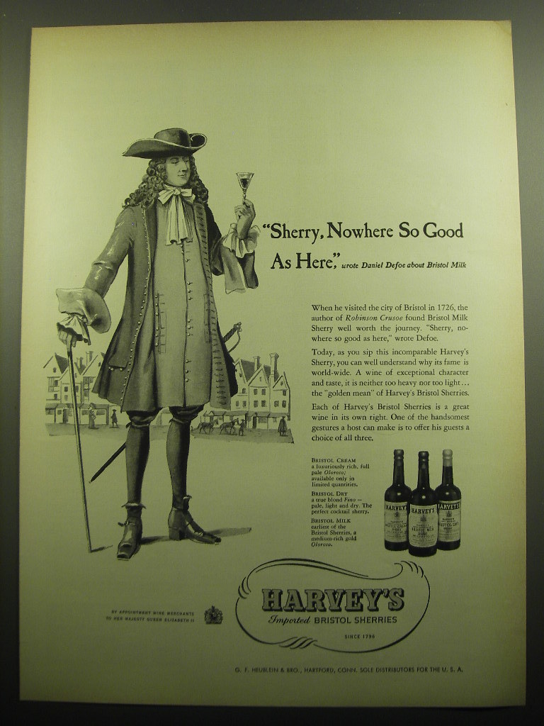 1957 Harvey's Sherry Ad - Sherry, Nowhere so good as here, wrote Daniel ...