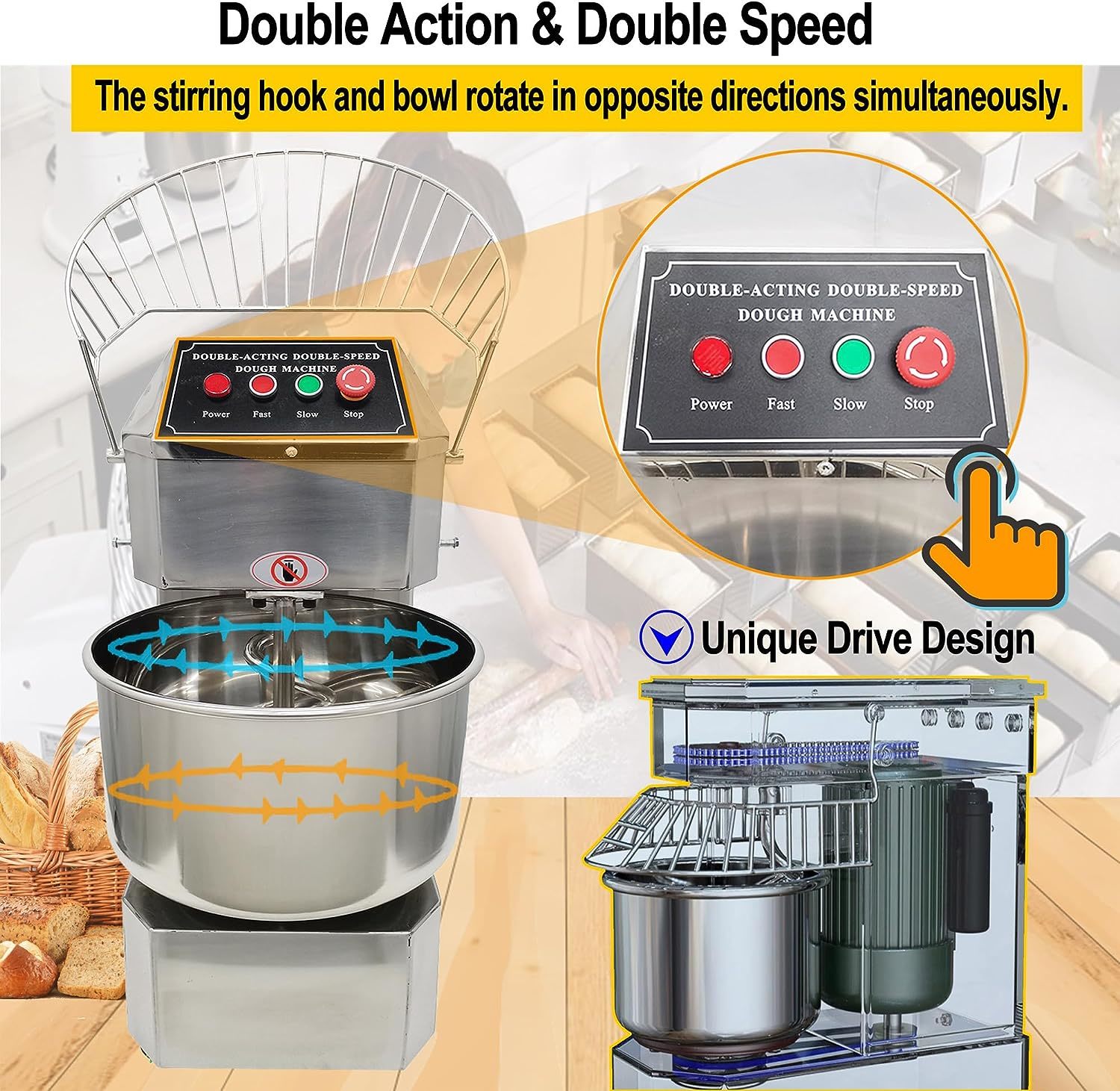 30QT Spiral Dough Stand Mixer Double Action Double Speed Flour Mixer 110V 1500W - Commercial Mixers