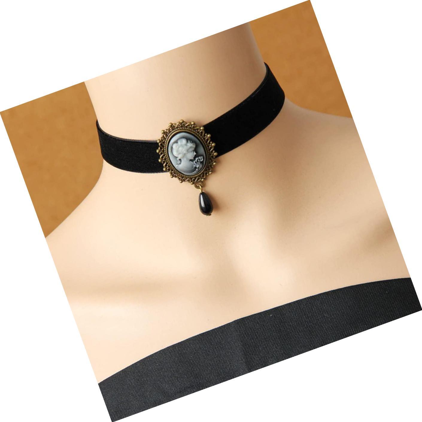Victorian Black Velvet Lace Cameo Choker Gothic Lady - Cameos