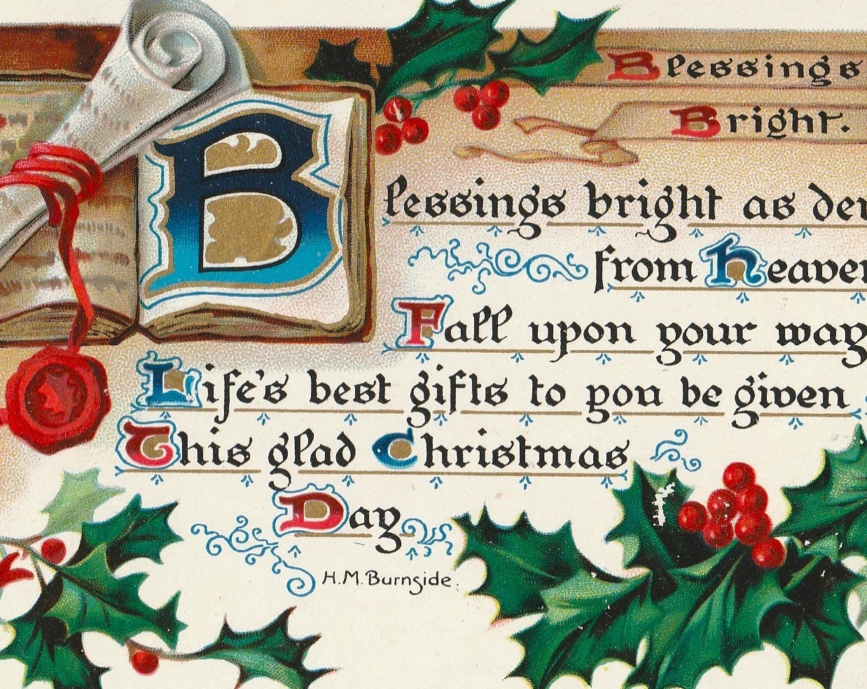 Yuletide Greeting With Old English Script and Holly Antique Christmas Postcard - Holidays