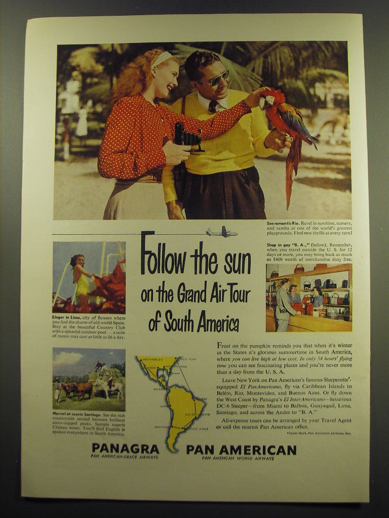 1949 Panagra Pan American Airways Ad - Follow the sun on the grand air ...