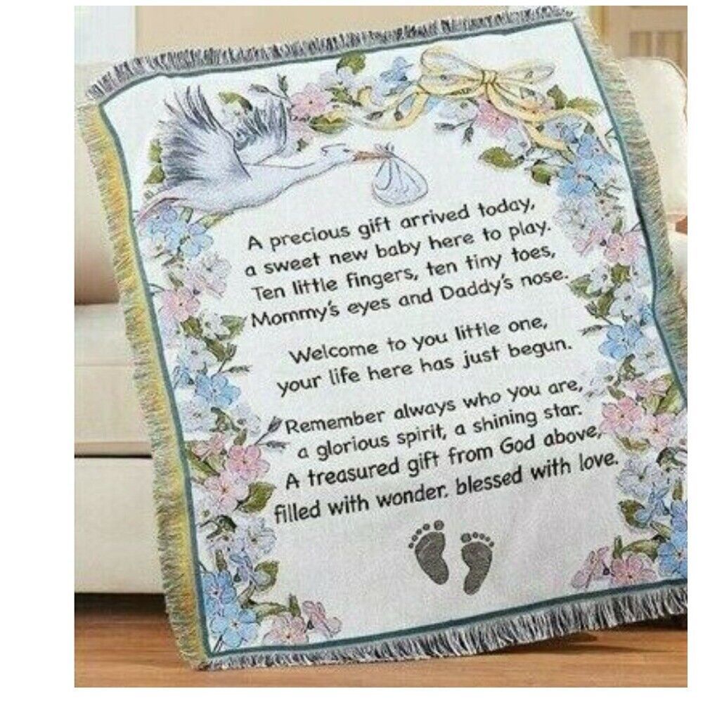 New Baby Tapestry Throw Blanket Floral w Stork & Footprints Special ...