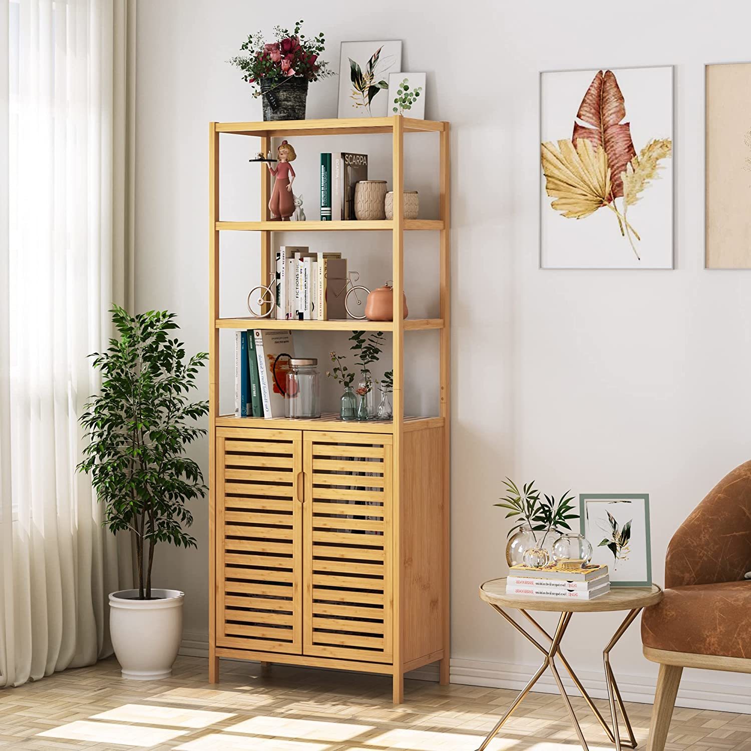 Tall Bathroom Storage Cabinet, Bamboo Storage Cabinet with 2 Doors and ...