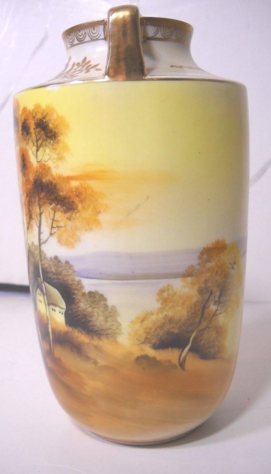Nippon 7 inch Hand Painted Scenic Gilt Handled Vase Morimura Mark circa 1910's - Vases