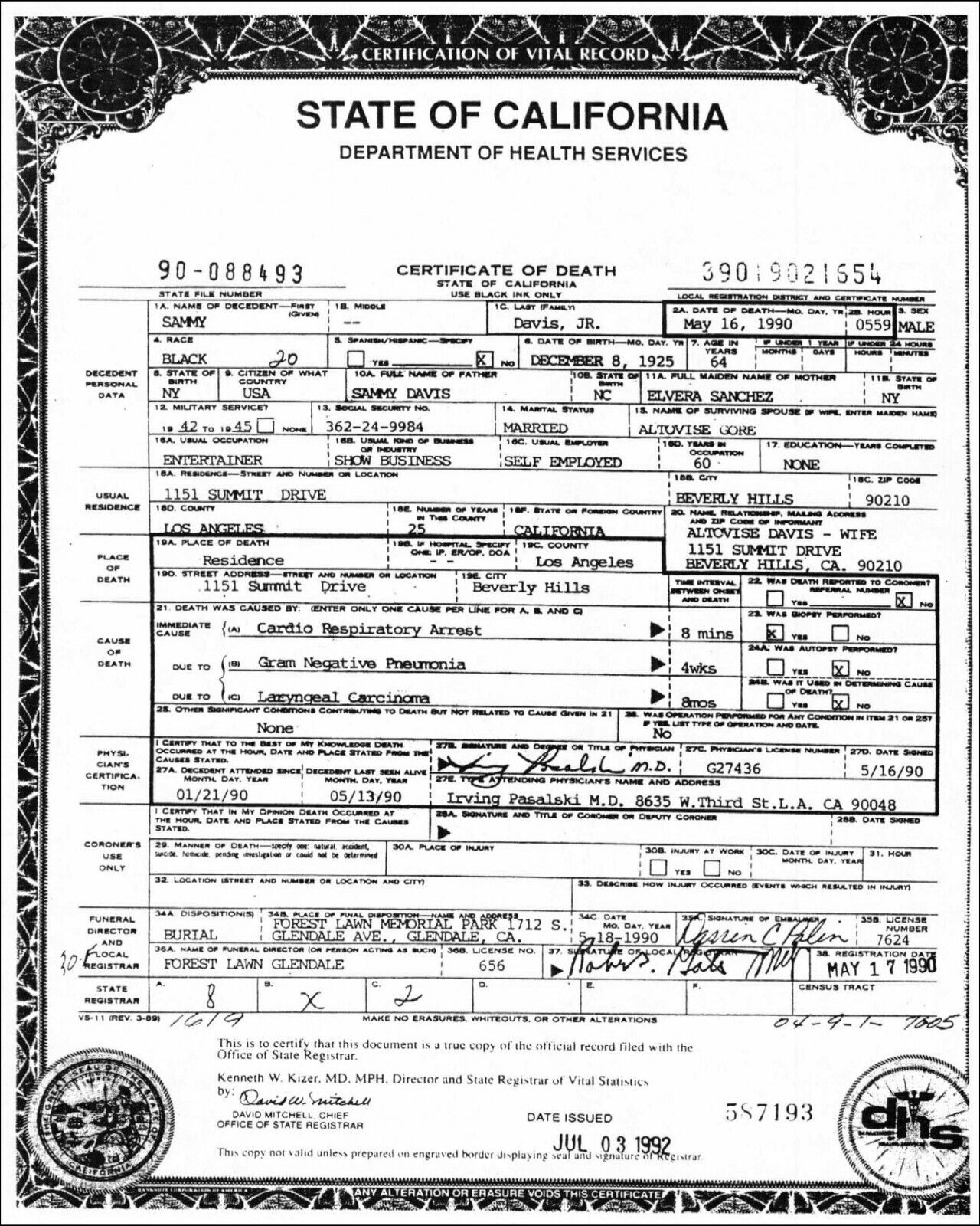 Sammy Davis Jr. Death Certificate Reproduction - Other