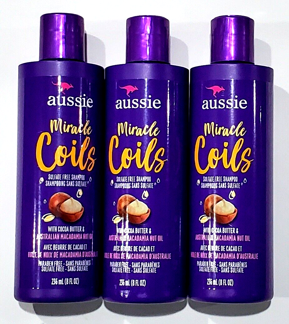 3 Bottles Aussie Miracle Coils Sulfate Free Shampoo With Cocoa Butter 8