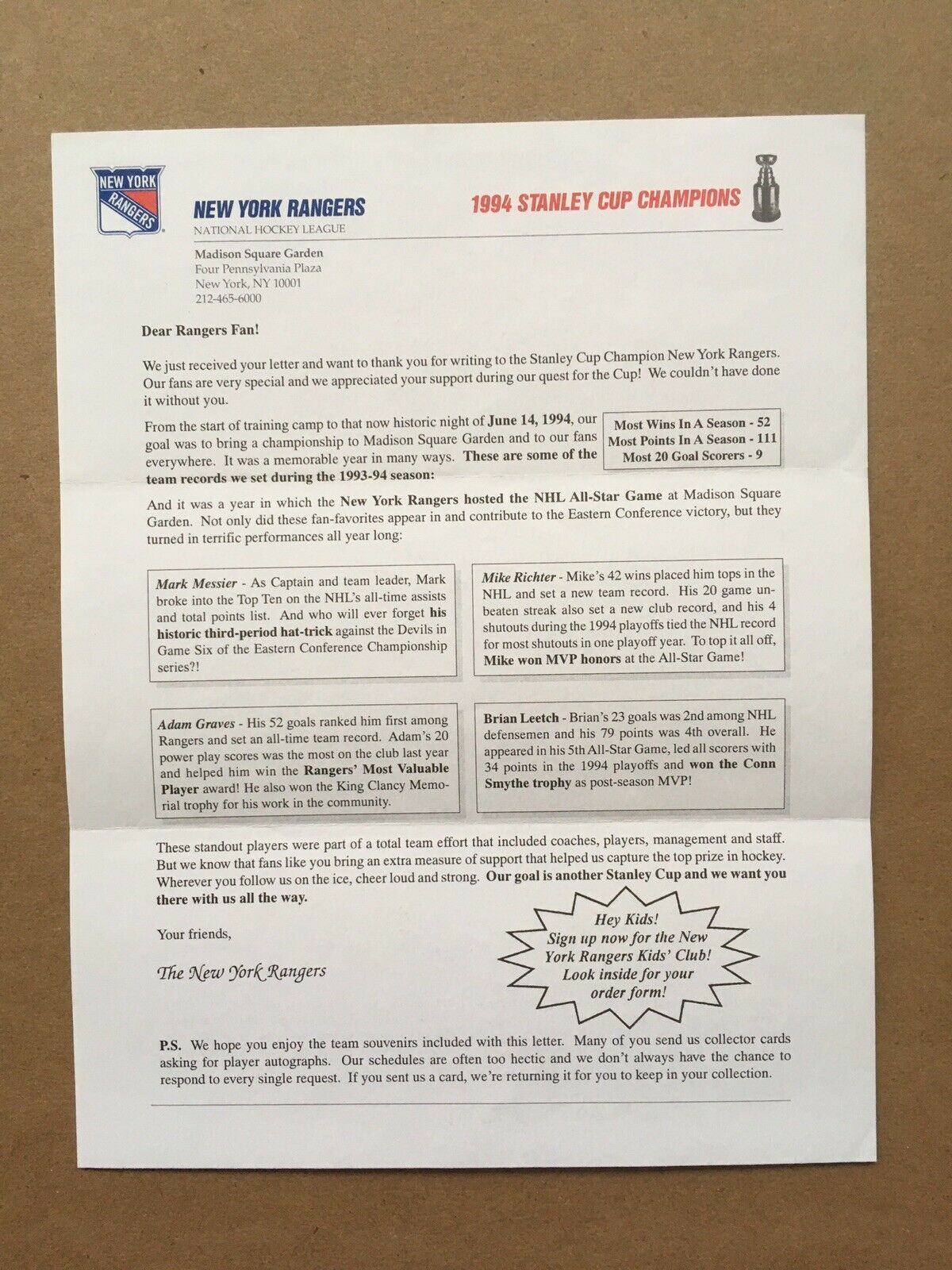 1994 NY RANGERS STANLEY CUP CHAMPIONS Official Fan Letter - Hockey-NHL