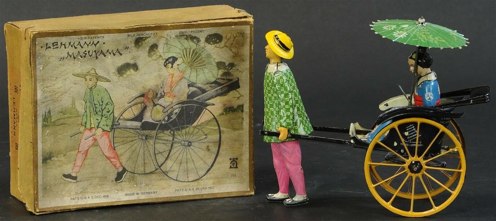 Vintage LEHMANN TIN WINDUP MASUYAMA RICKSHAW w/ ORIGINAL BOX - Wind-up Toys
