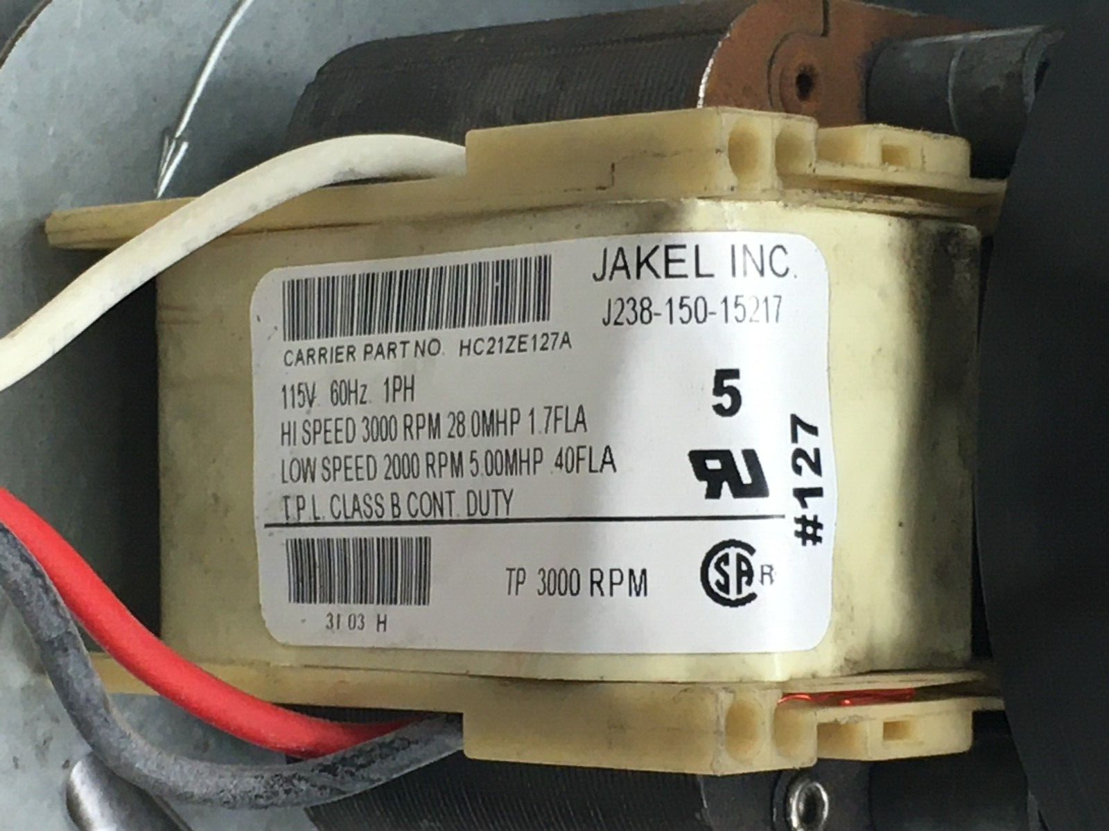 JAKEL J238-150-15217 Draft Inducer Blower Motor HC21ZE127A 115V used ...
