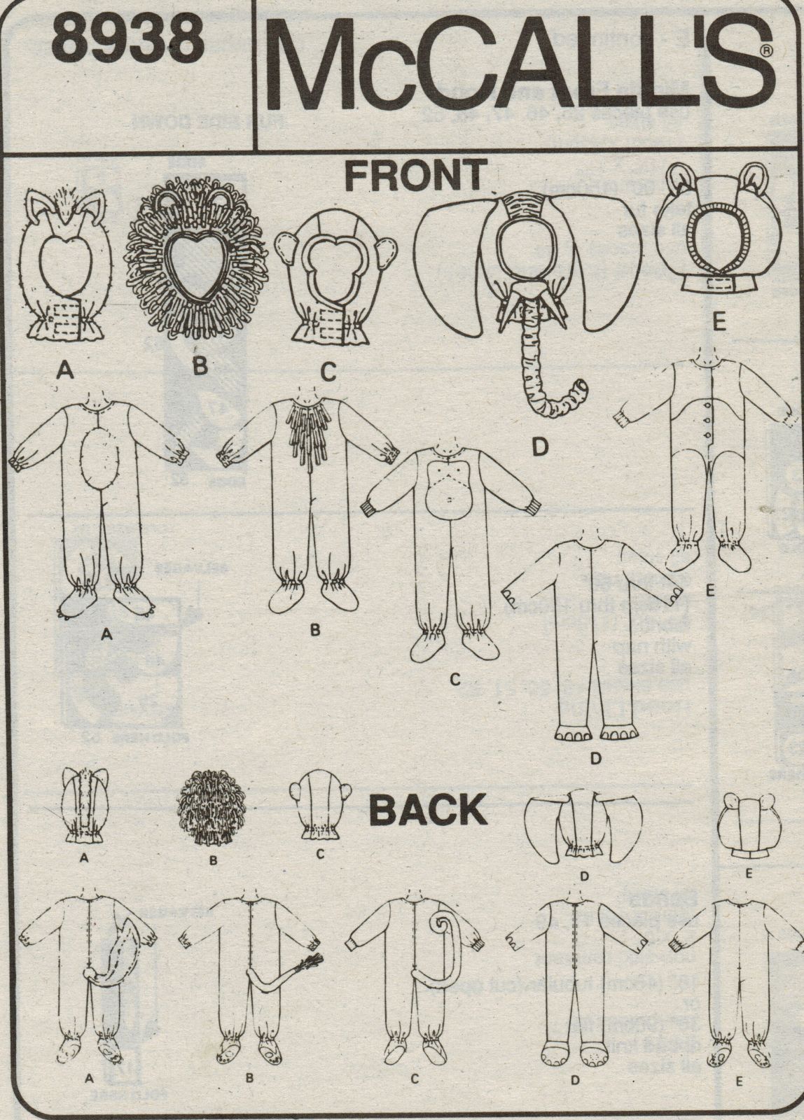 Toddlers Skunk Lion Monkey Elephant Panda Halloween Costume Sew Pattern ...