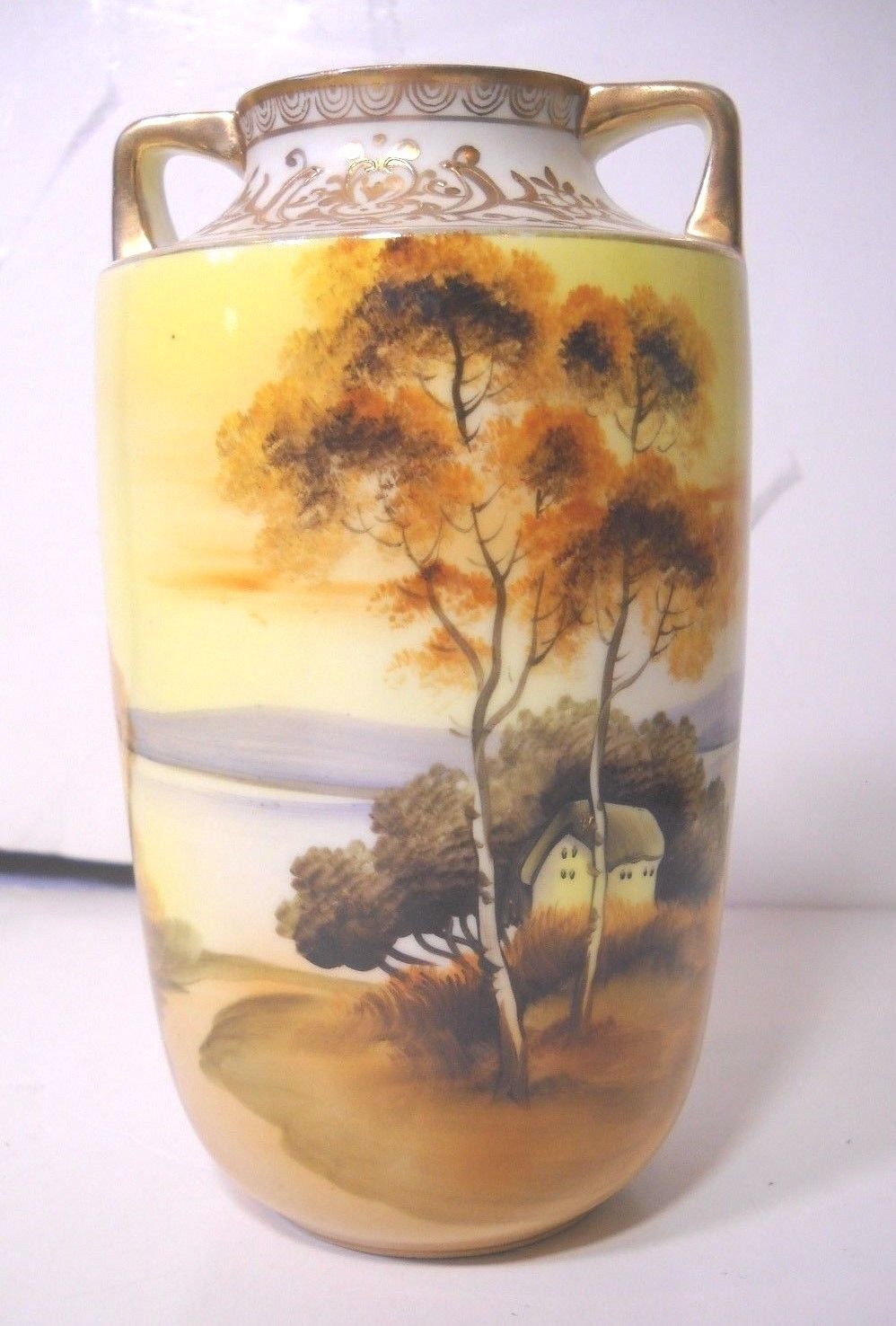Nippon 7 inch Hand Painted Scenic Gilt Handled Vase Morimura Mark circa 1910's - Vases