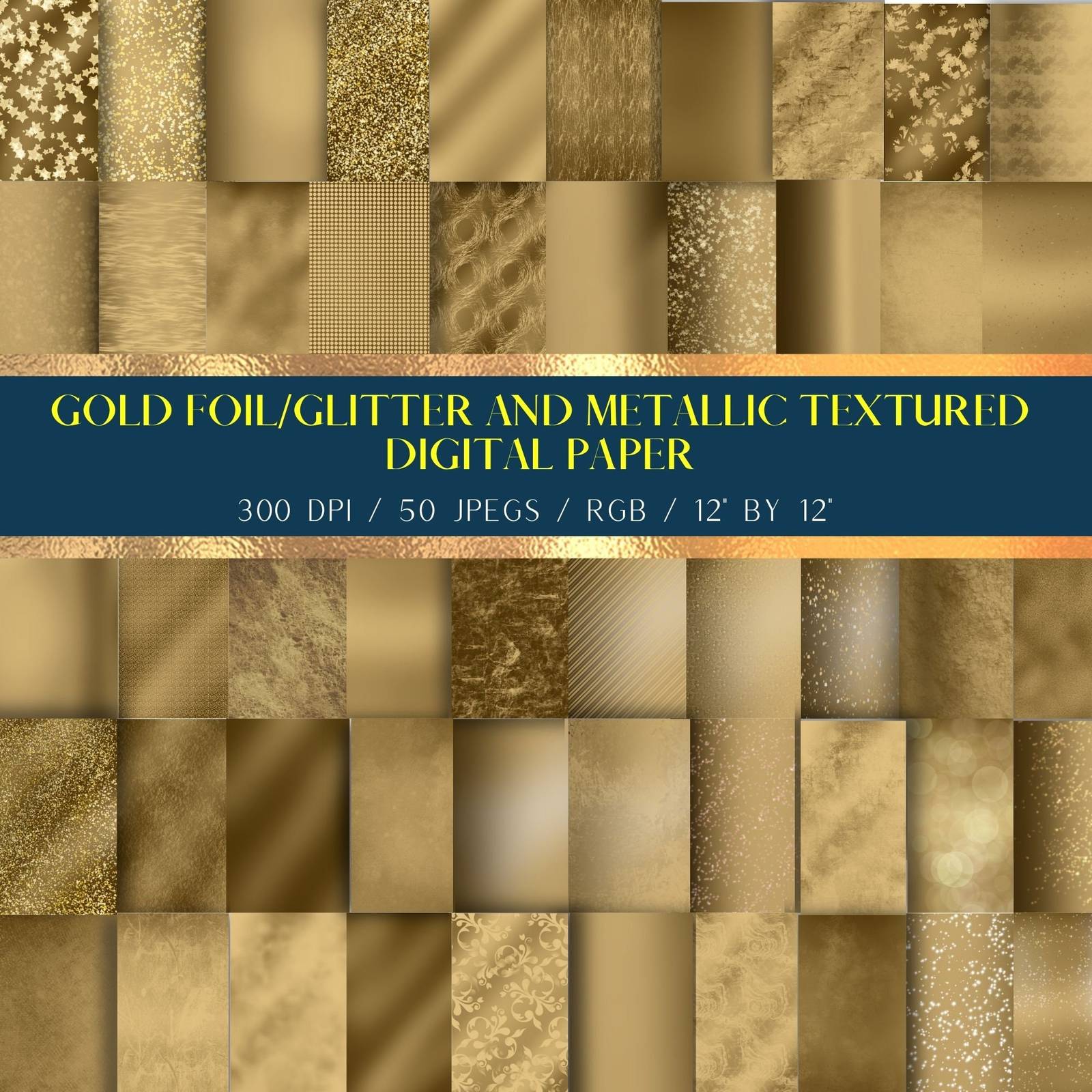 50 GOLD Glitter, metallic, foil Digital Paper - Digital Art