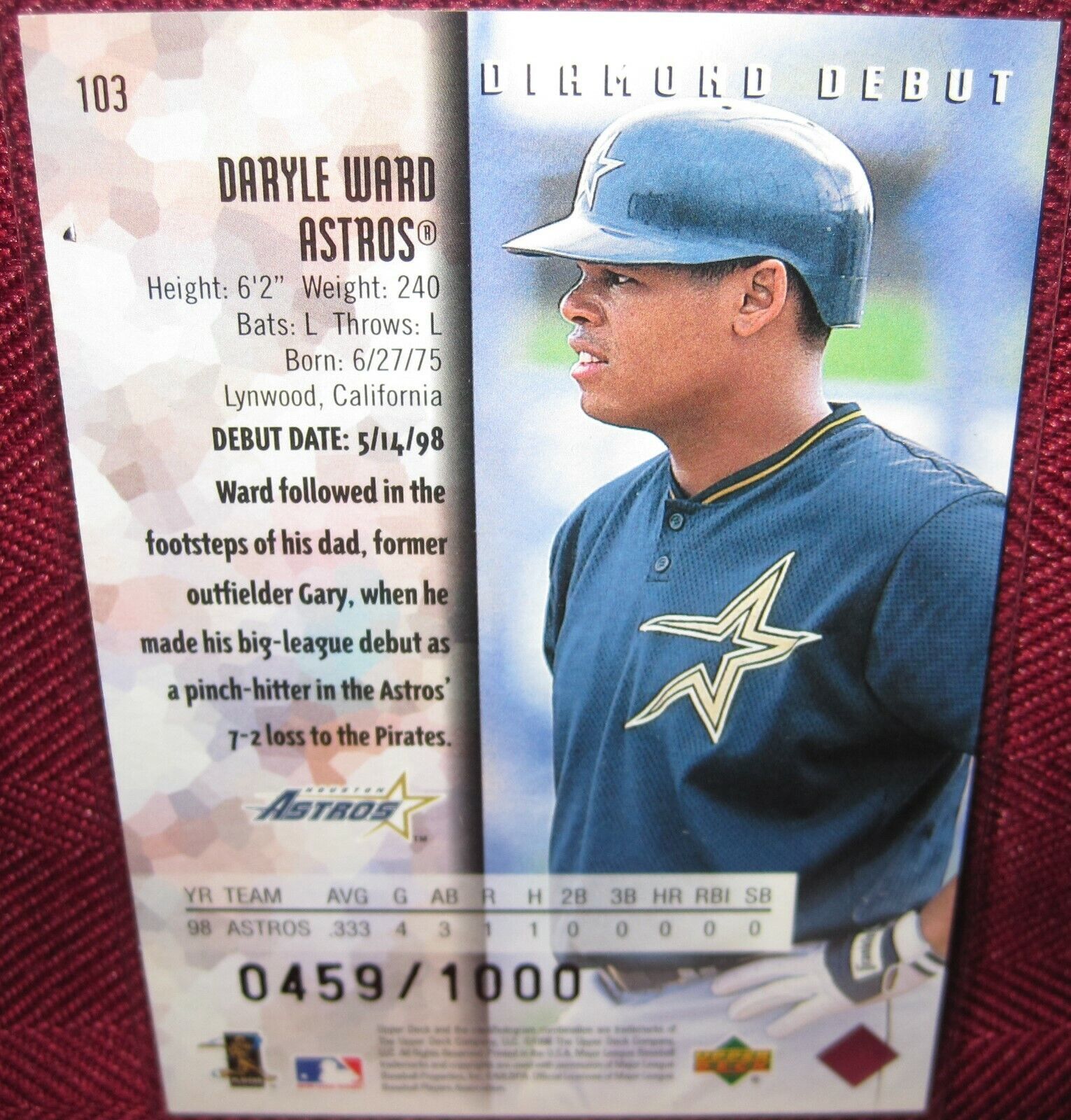 1999 UPPER DECK BLACK DIAMOND DEBUT #103 DARYLE WARD HOUSTON ASTROS 459/1000 - Trading Card Singles