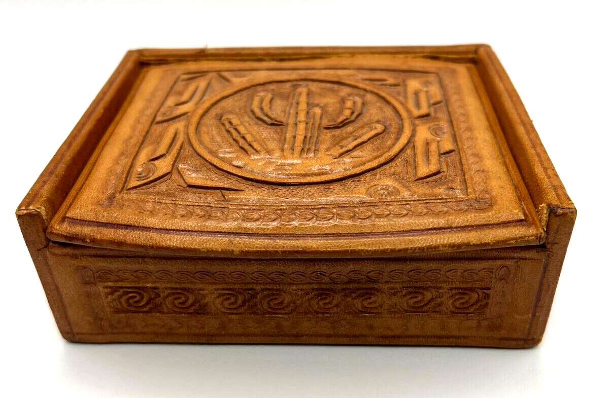 Hand Tooled Leather Jewelry Trinket Box ~ Mayan Calendar Mexico Vintage ...