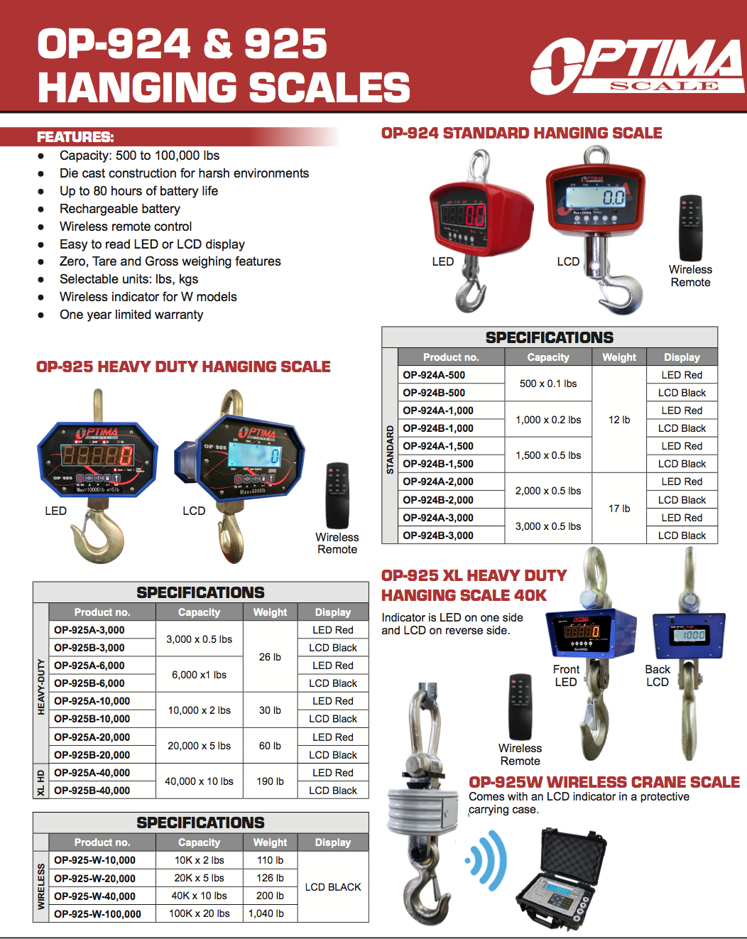 Optima Scales OP-925A 40,000 Heavy Duty Crane Scale 40,000 lb x 20 lb ...