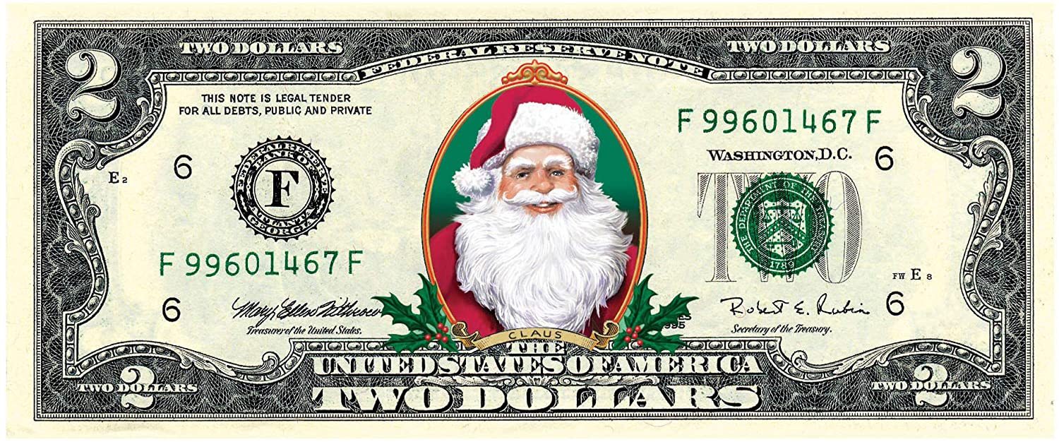 SANTA CLAUS REAL $2 Dollar Bill Money Cash Colorized Collectible Merry ...