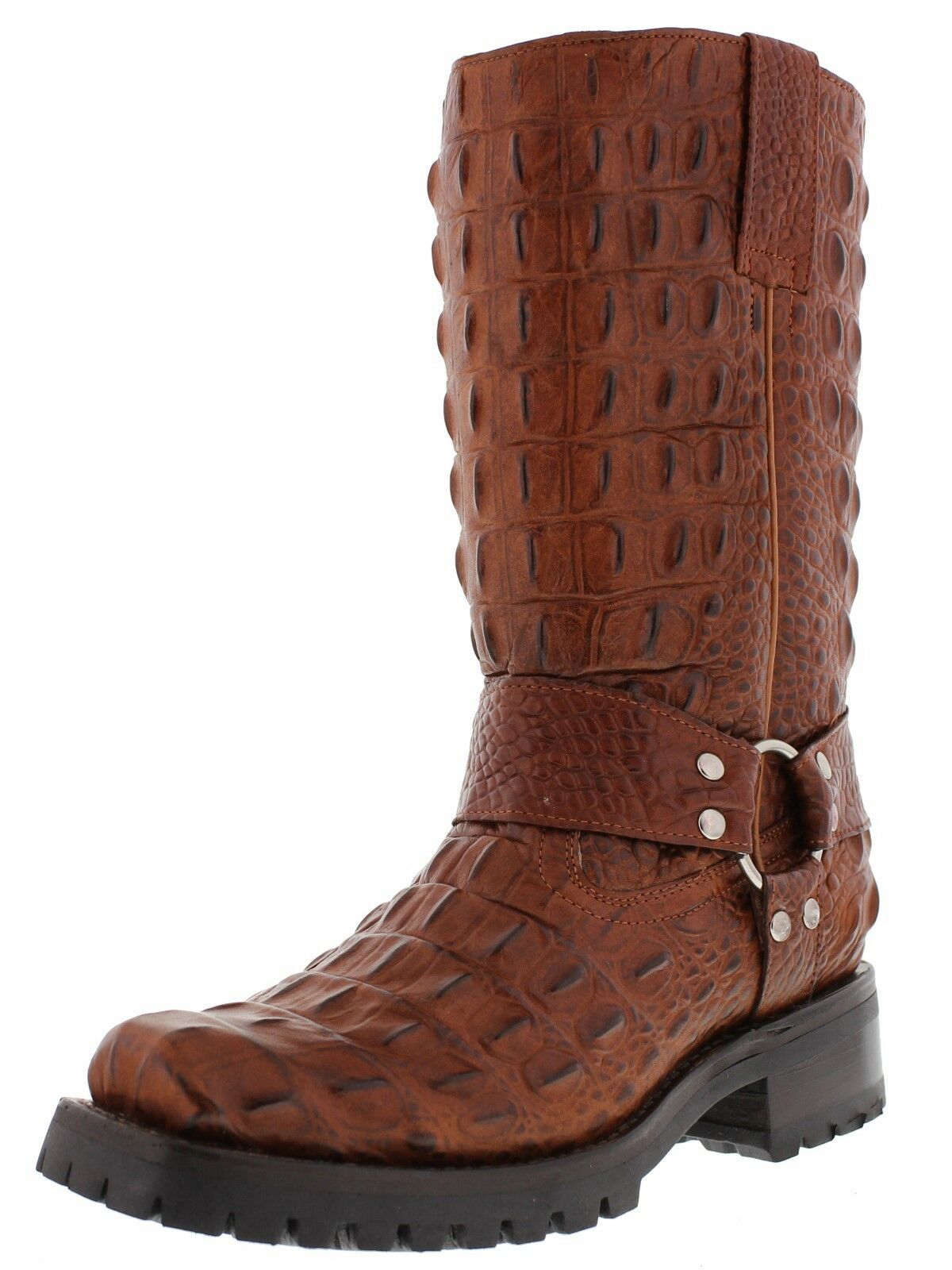 Mens Cognac Biker Boots Crocodile Back Pattern Leather Cowboy ...