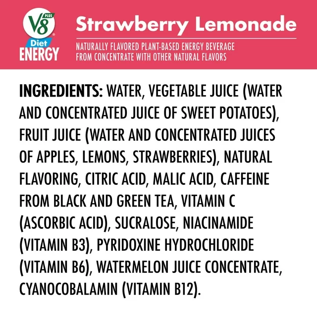 12 cans 8 fl oz/can V8 +ENERGY Diet Strawberry Lemonade Energy Drink ...